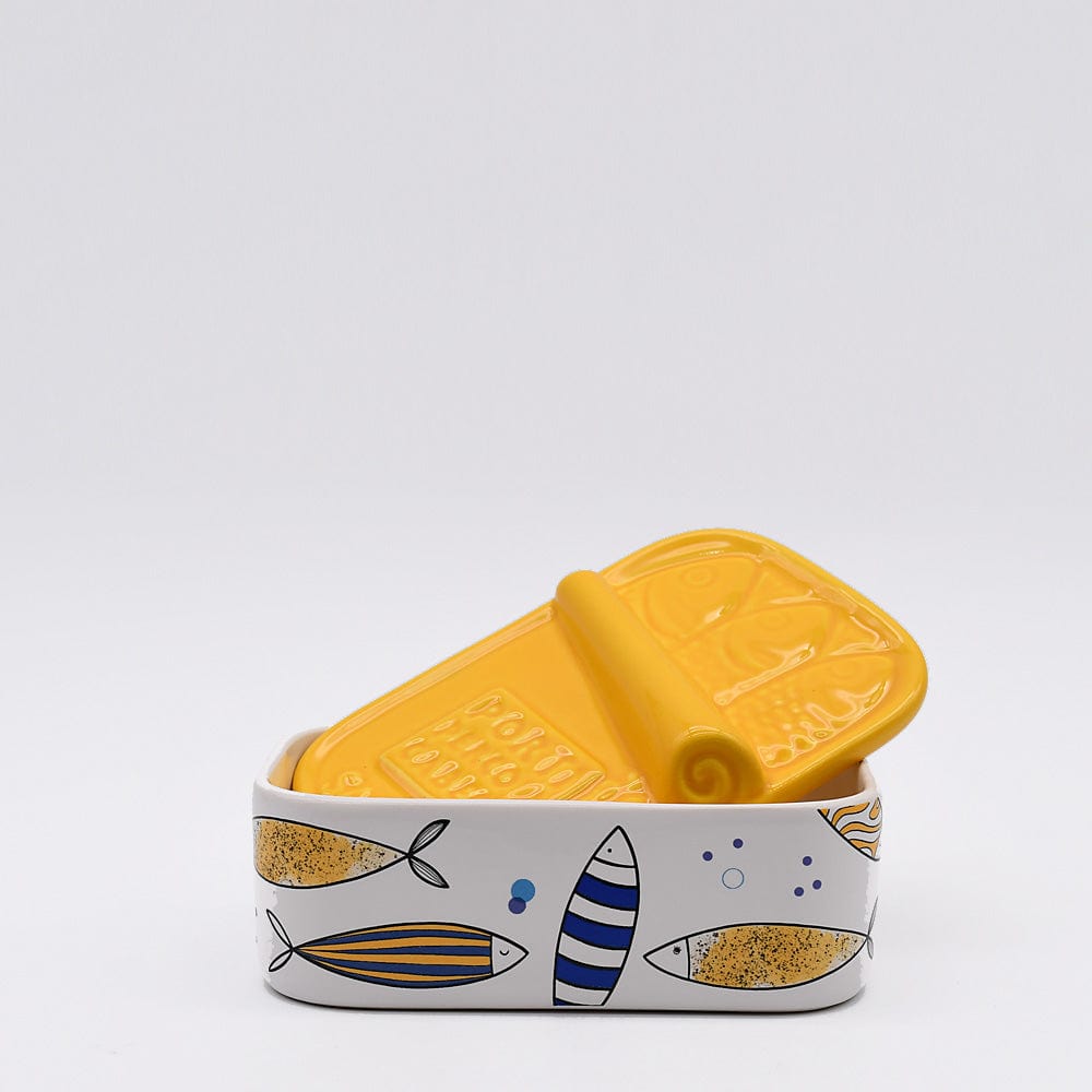 White and yellow Ceramic box in a shape of a sardines tin – Luisa Paixao